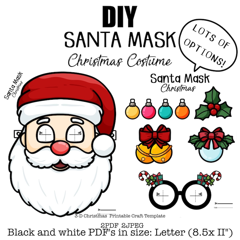 Santa Mask Printable Crafts Christmas Costume Template 3D Mask Template ...