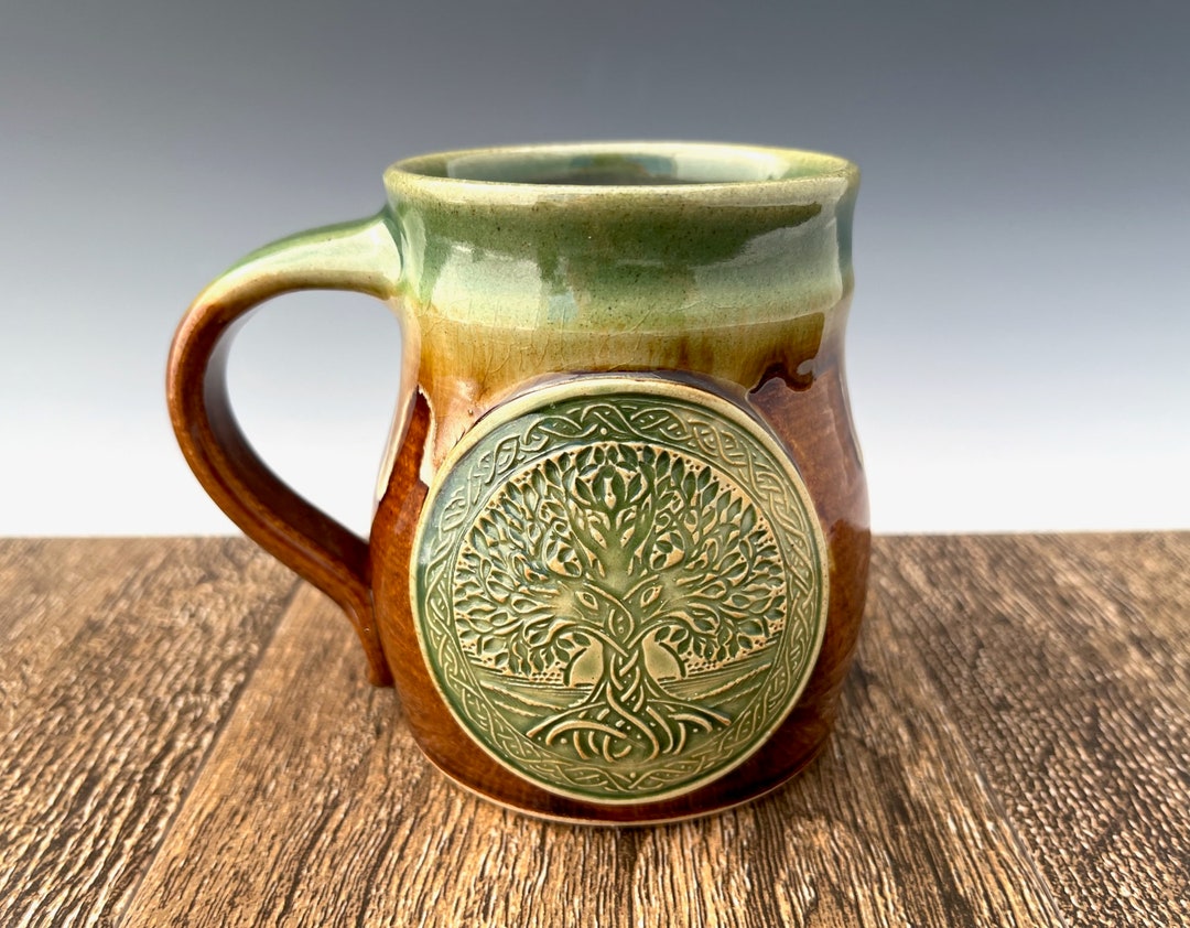 Celtic Tree of Life Pottery Mug: Stoneware Coffee Cup With Icicle Glaze ...