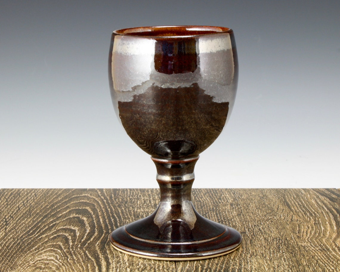 12 Oz. Stoneware Pottery Goblet With Metallic Brown Glaze. | Etsy