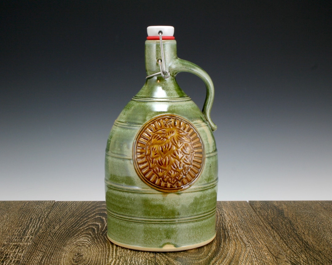 Handmade Ceramic Beer Growler: 64 Oz Stoneware With Big Hop Logo - Etsy