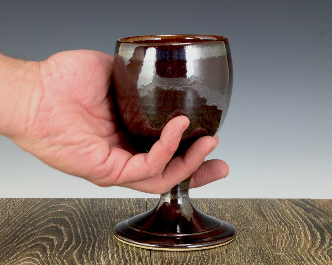 12 Oz. Stoneware Pottery Goblet With Metallic Brown Glaze. | Etsy