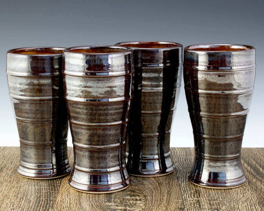 Stoneware Beer Glass Pilsner Cup Set of 4, Barware With Classic Banding ...
