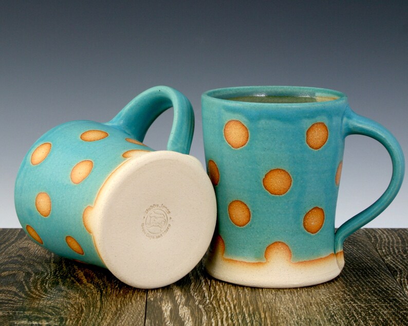 Stoneware Pottery Mug Polka Dot Design 12 Oz. With Turquoise - Etsy