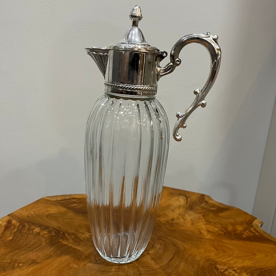 Antique Carafe Pitcher Chased Glass Silver Plate Top With Scrolled ...