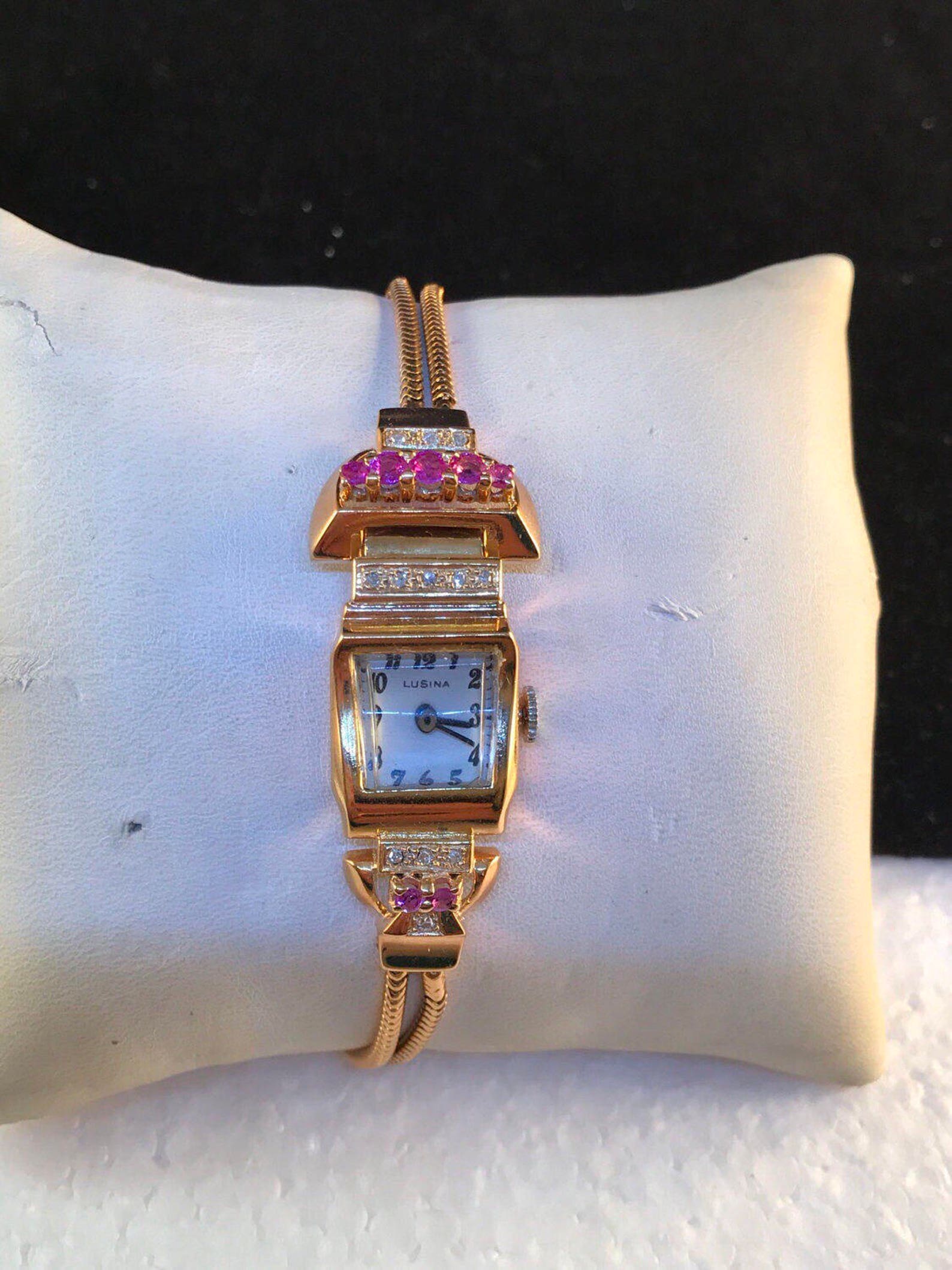 Ladies Watch, Swiss Made Lusina,14k Rose Gold, With Rubies, Diamonds ...