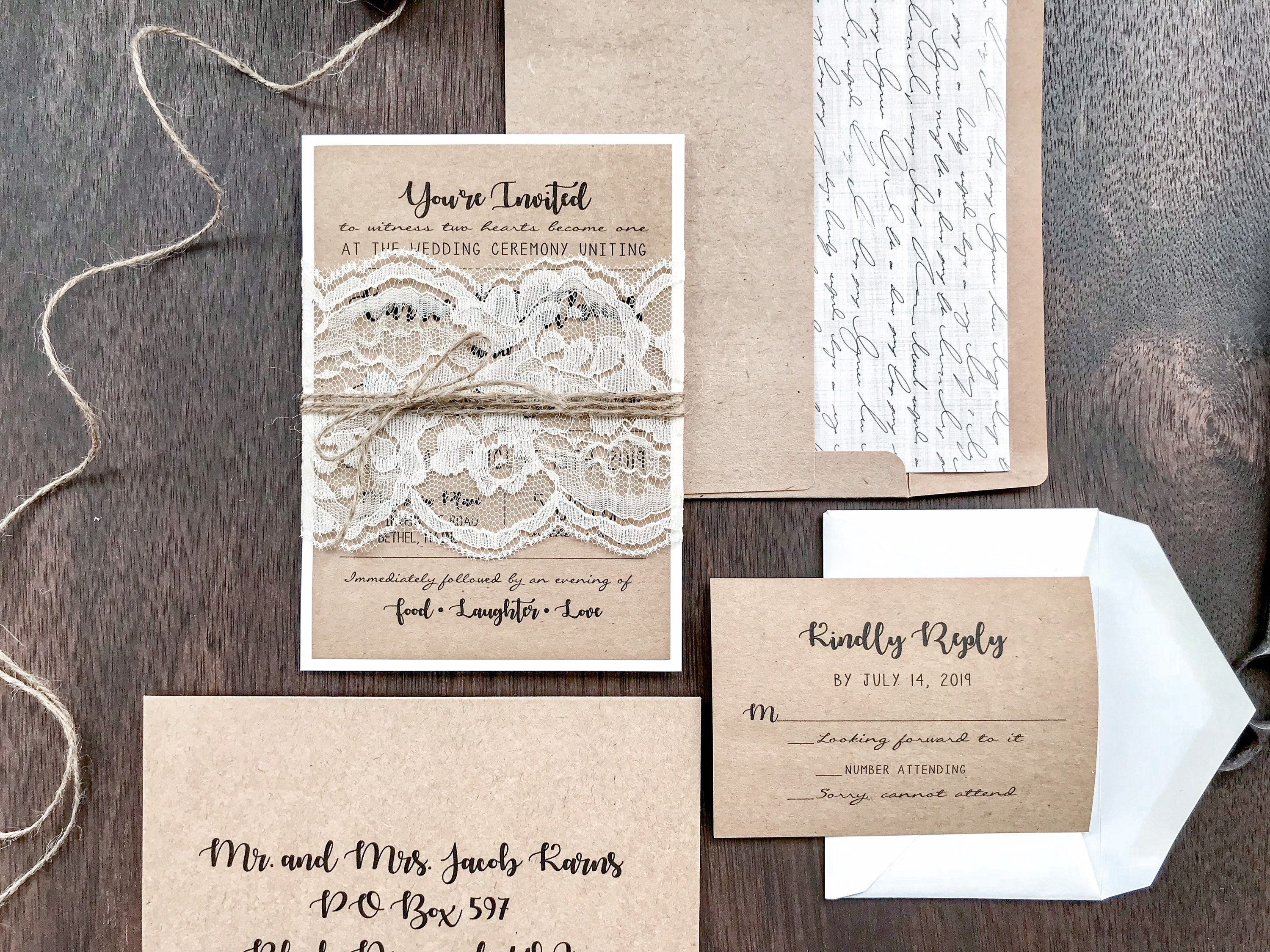 Rustic Lace Wedding Invitation Set printed on Kraft Vintage | Etsy