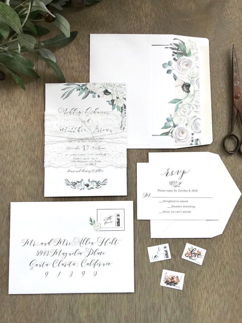 Modern White Floral Wedding Invitation Set With Lace Elegant - Etsy