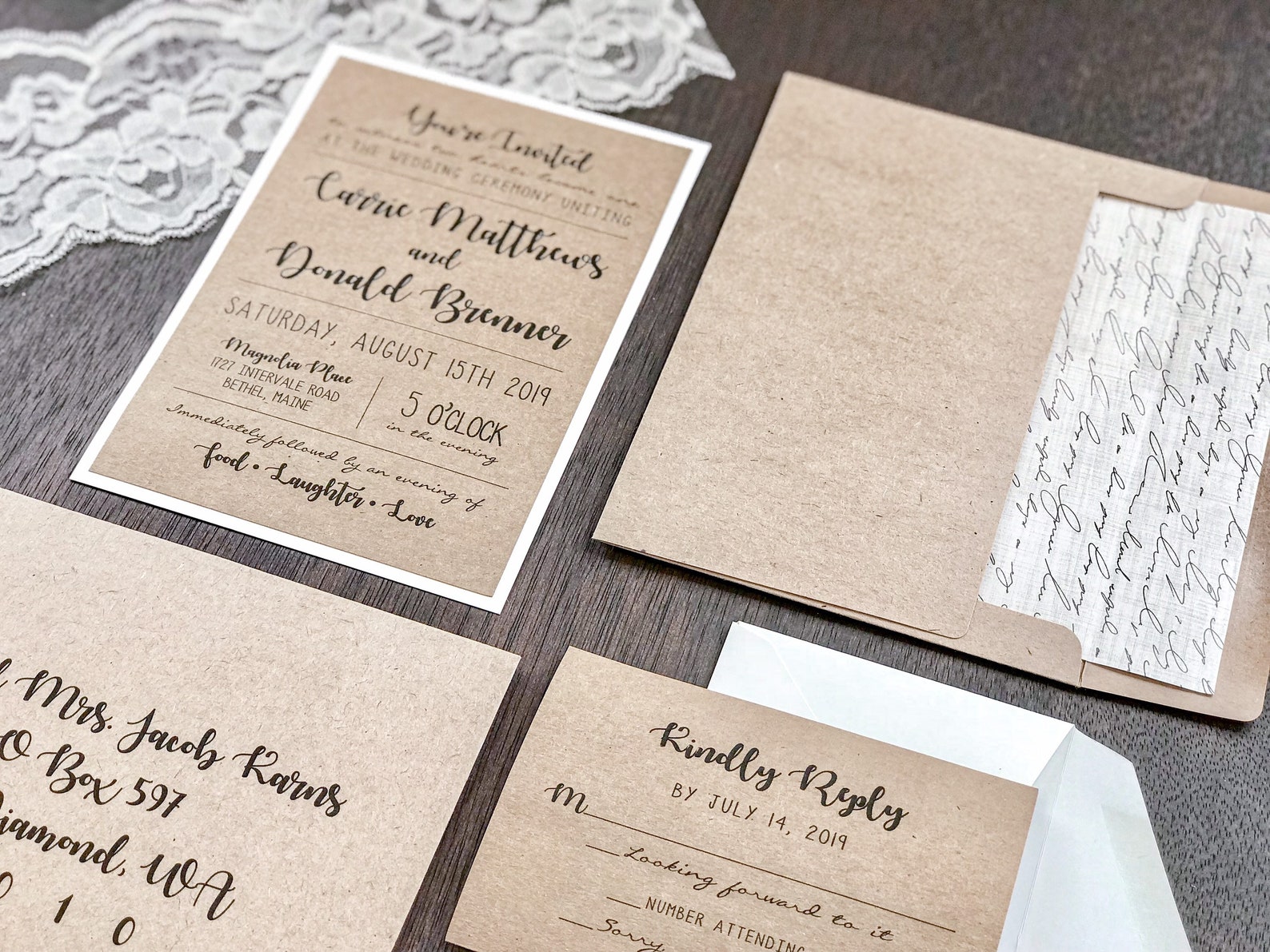 Rustic Lace Wedding Invitation Set Printed on Kraft Vintage | Etsy