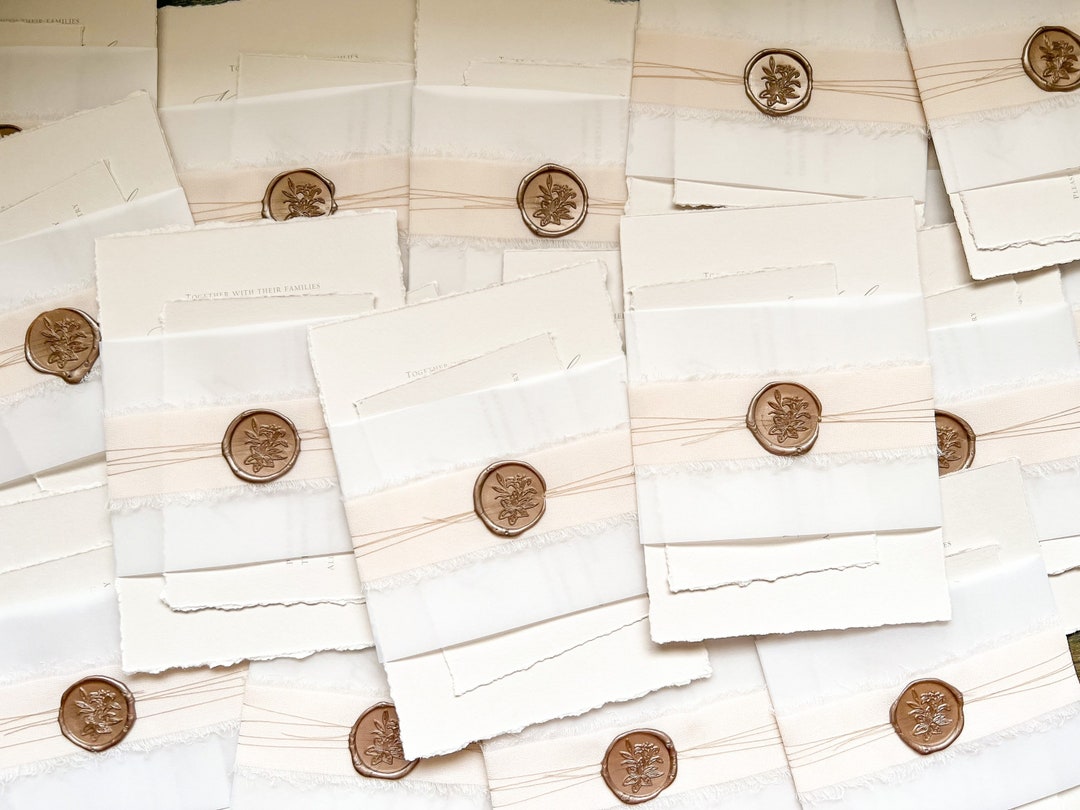 Deckled Edge Wedding Invitation Set Printed on Beige W/ Vellum, Chiffon ...