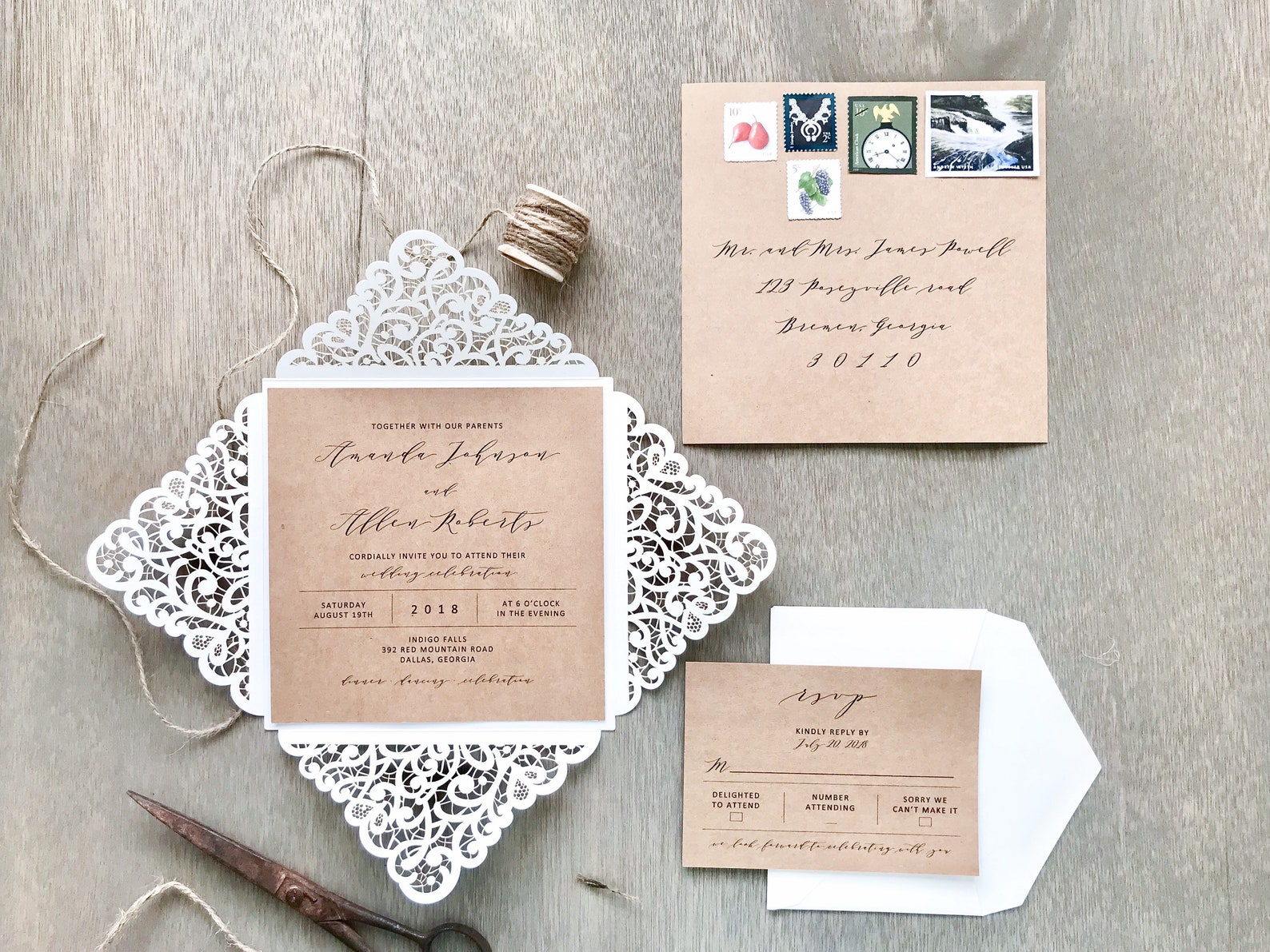 Rustic Laser Cut Wedding Invitation Set FULLY ASSEMBLED With - Etsy