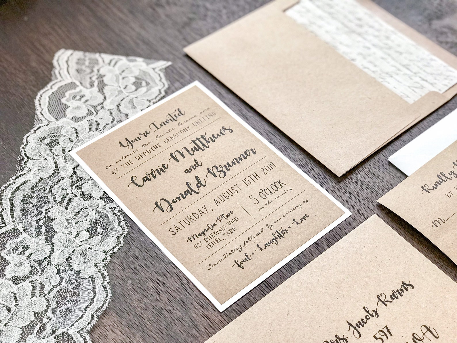 Rustic Lace Wedding Invitation Set Printed on Kraft Vintage - Etsy