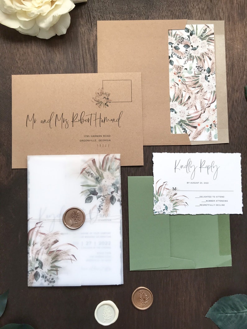 Elegant Boho Deckled Edge Vellum Wedding Invitation Set With - Etsy