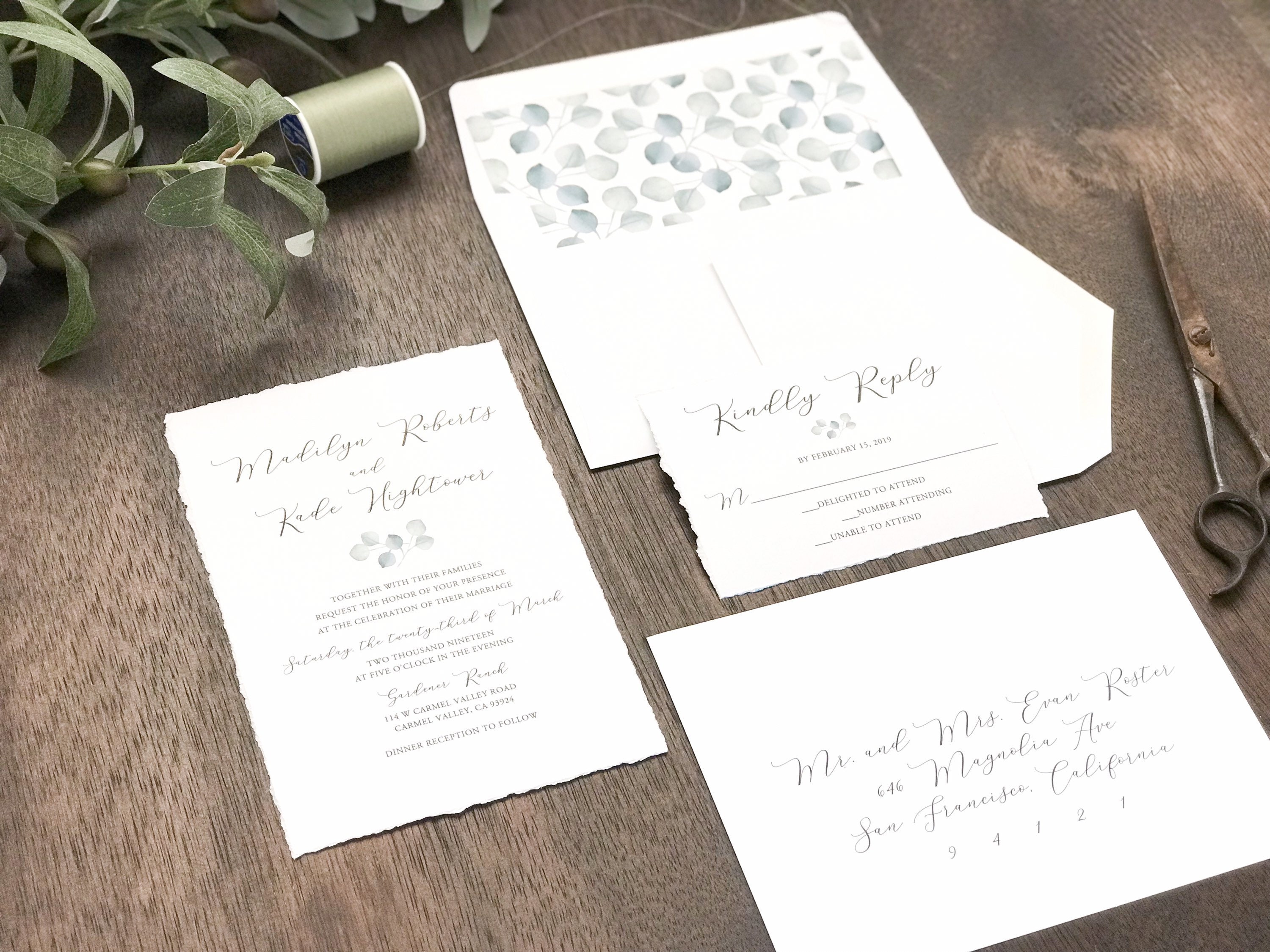 Deckled Edge Wedding Invitation Set wrapped in thread Deckle | Etsy