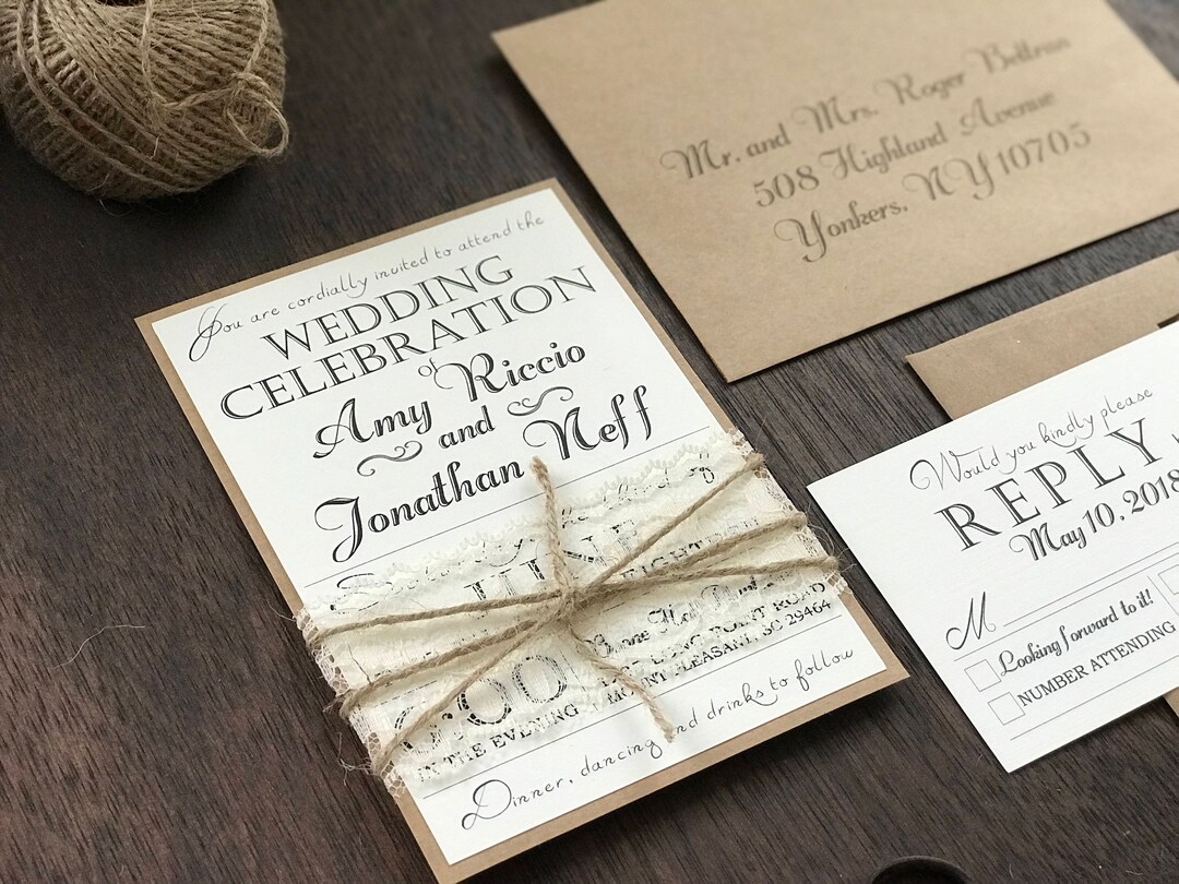 Rustic Vintage Wedding Invitation Set With Ivory Lace and Jute Twine ...