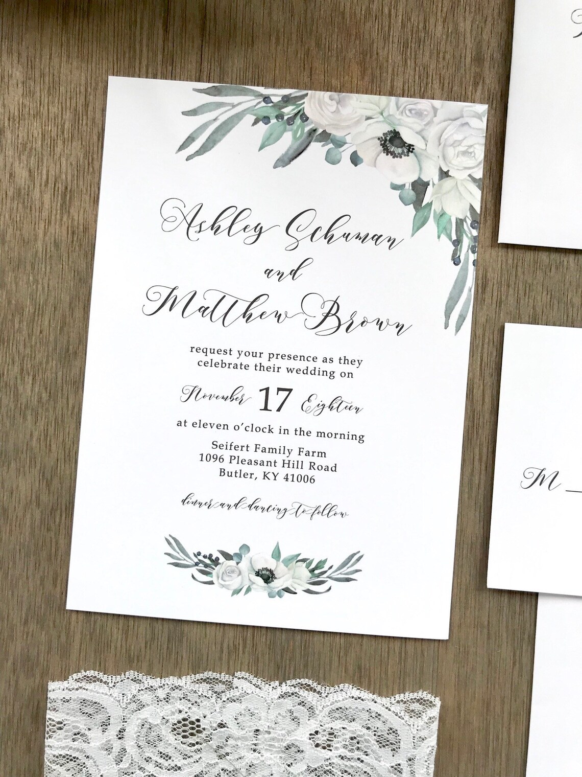Modern White Floral Wedding Invitation Set With Lace Elegant | Etsy