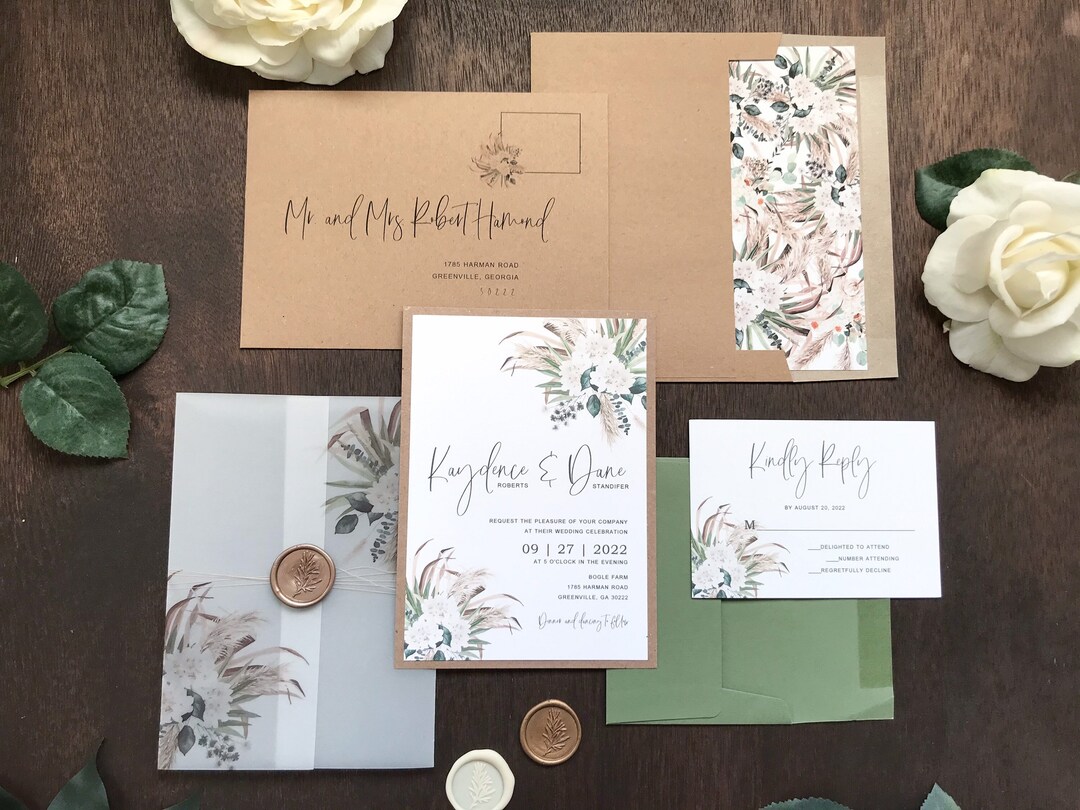 Neutral Boho Wedding Invitation Set W/ Vellum and Wax Seal, Pampas ...