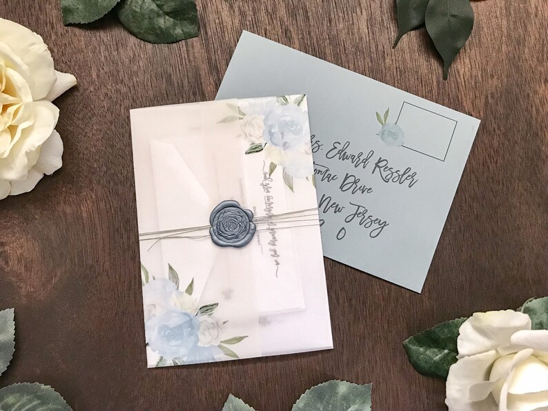 Dusty Blue Floral Vellum Jacket, Vellum Wrap for 5 X 7 Wedding ...