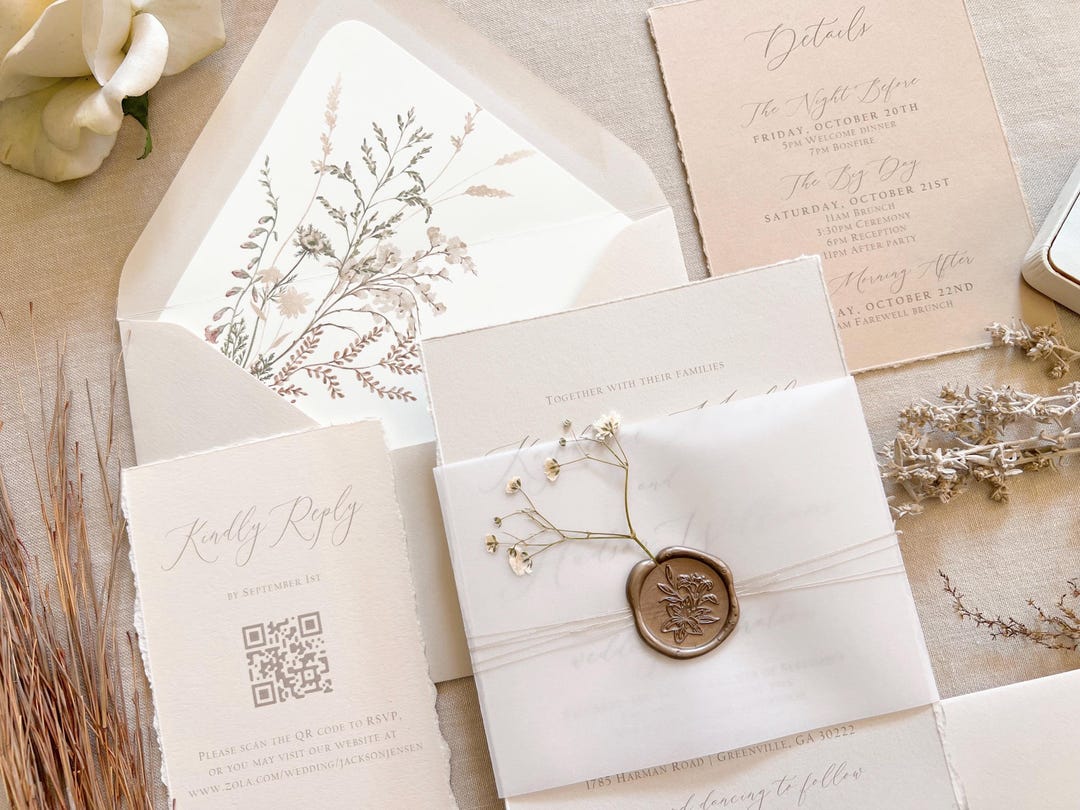 Elegant Beige Wedding Invitation Set With Baby’s Breath, Vellum Belly ...