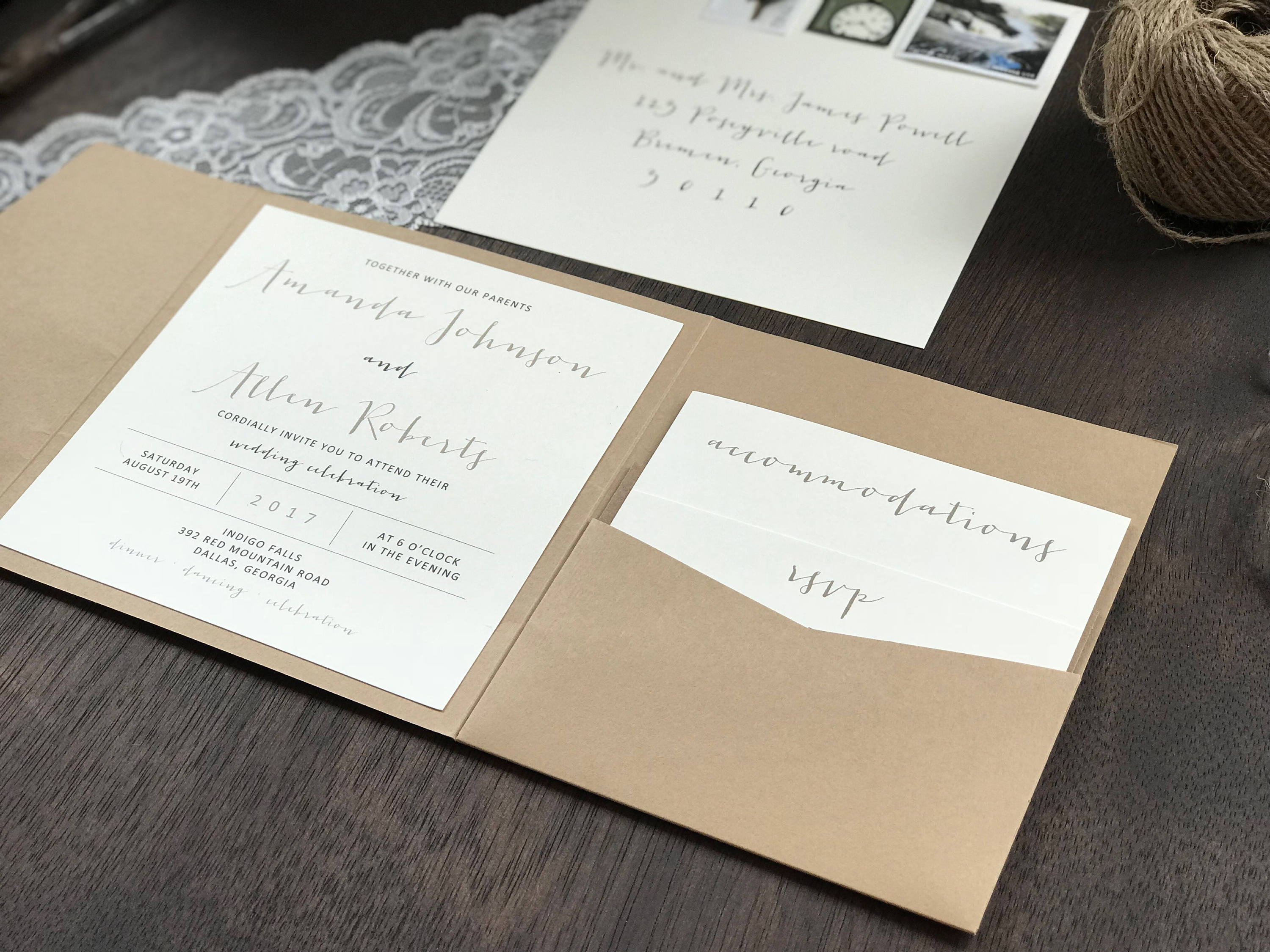 Pocket Wedding Invitation Set Rustic Wedding Invitation Lace | Etsy