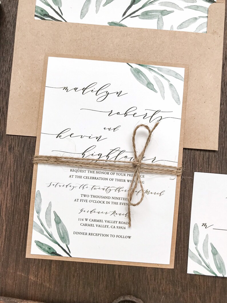 Rustic Botanical Wedding Invitation Set With Twine Watercolor - Etsy