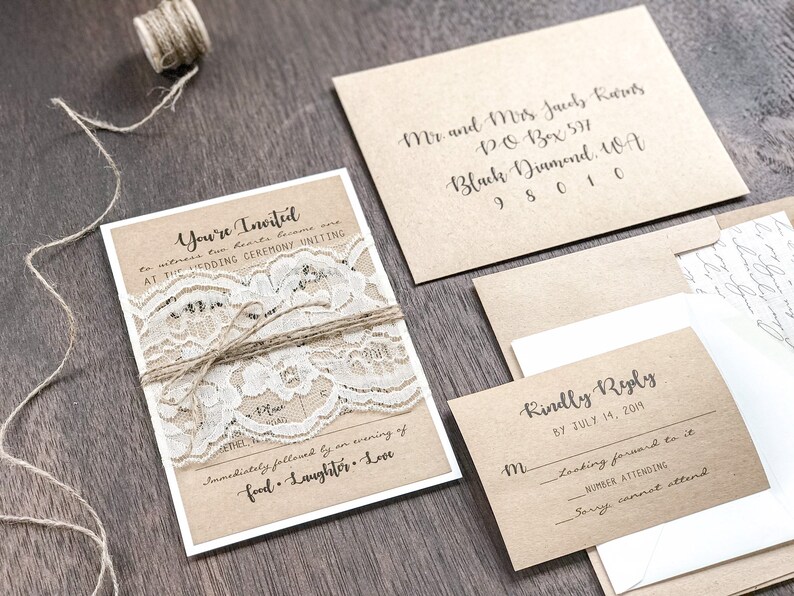 Rustic Lace Wedding Invitation Set Printed on Kraft Vintage - Etsy