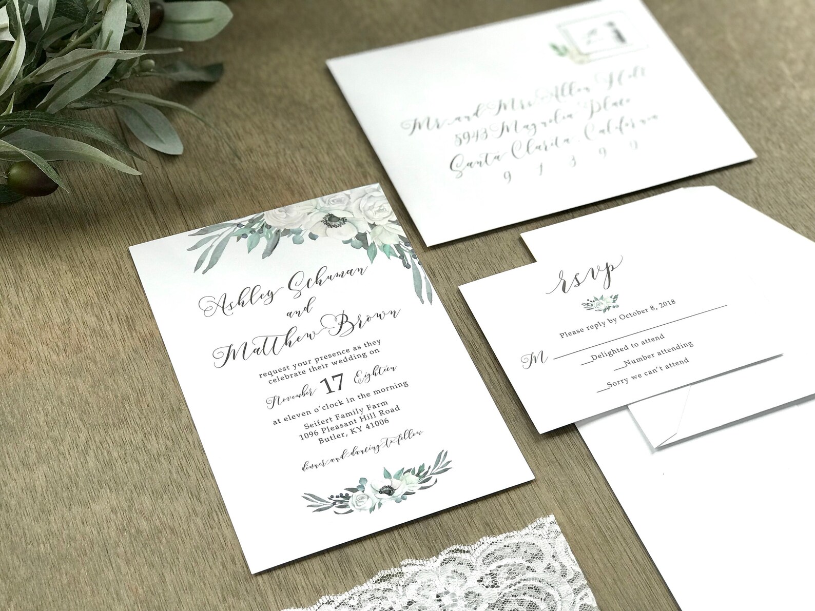Modern White Floral Wedding Invitation Set With Lace Elegant - Etsy