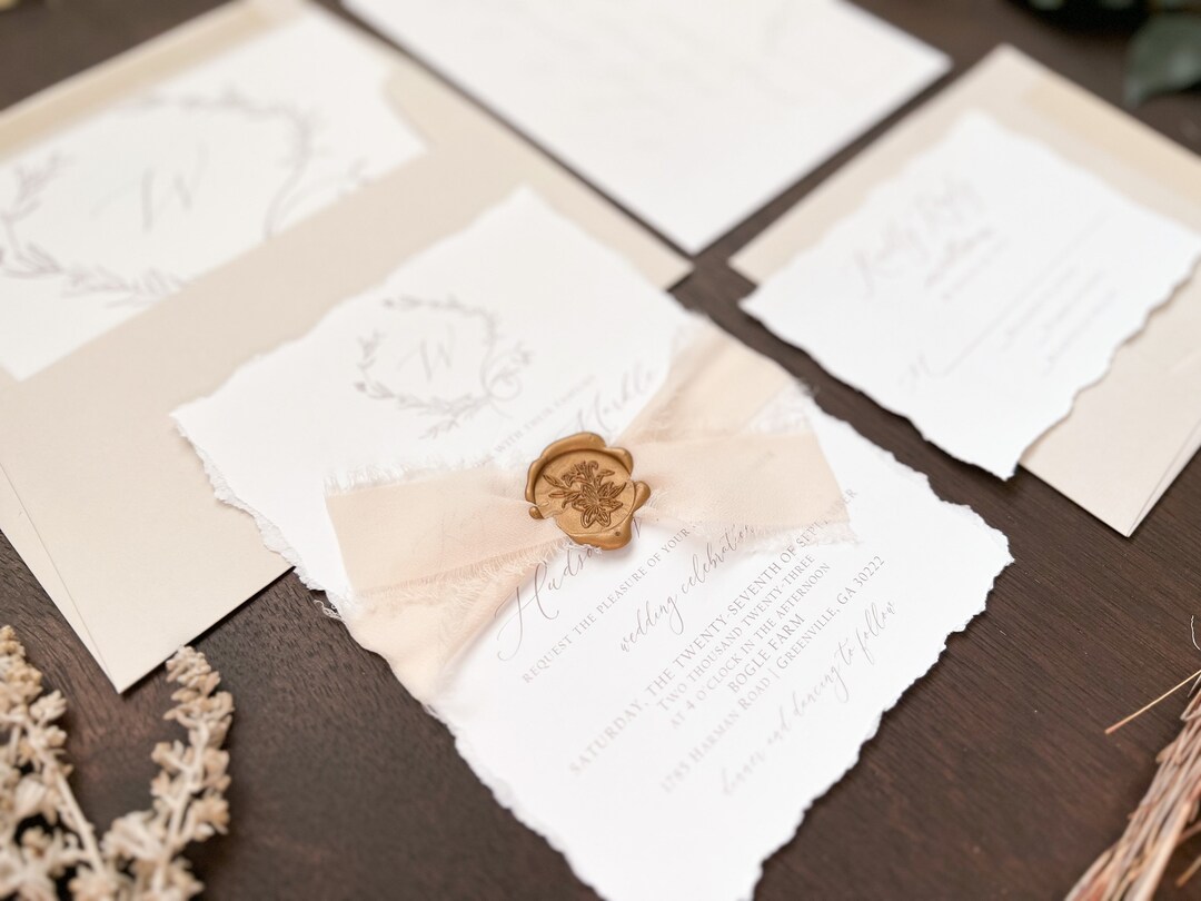 Elegant Natural Wedding Invitation Set Deckled Edge Vintage - Etsy
