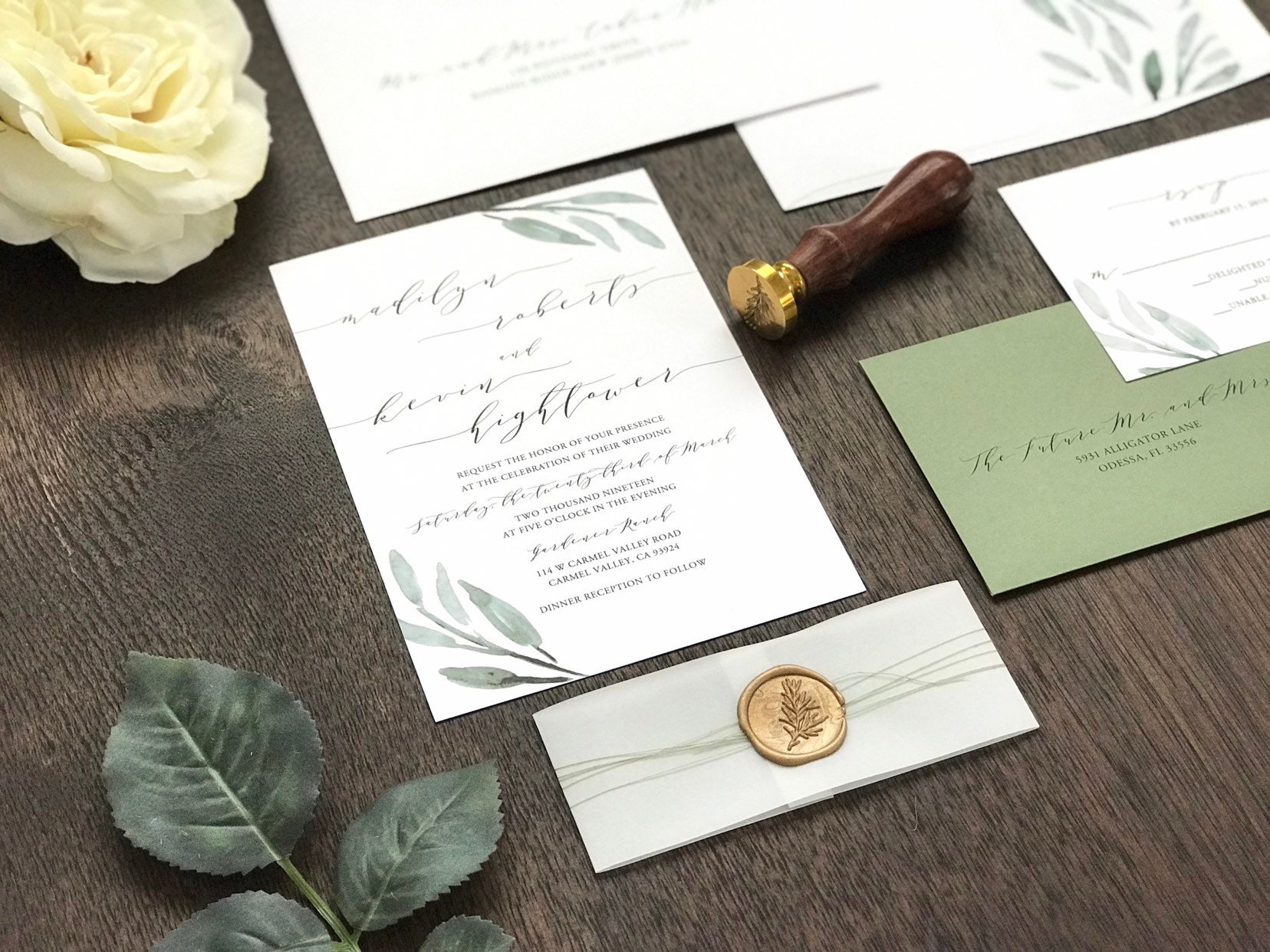 Greenery Wedding Invitation Set with Vellum belly band & Wax | Etsy