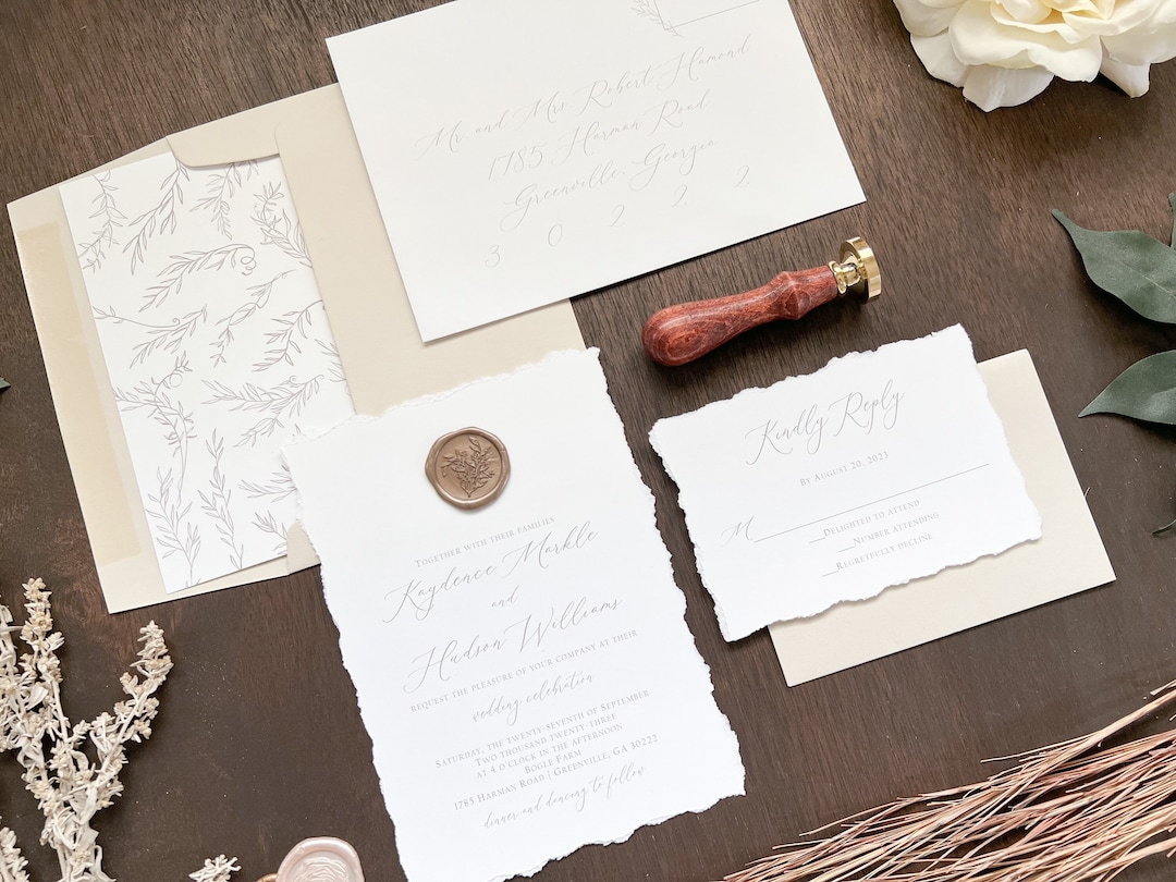 Wax Seal Wedding Invitation Set W/ Deckled Edging, Printed Warm Gray ...