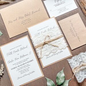 Rustic Elegant Wedding Invitation Set With Offwhite Lace & Jute Twine, Printed on Ivory W/ Kraft ...
