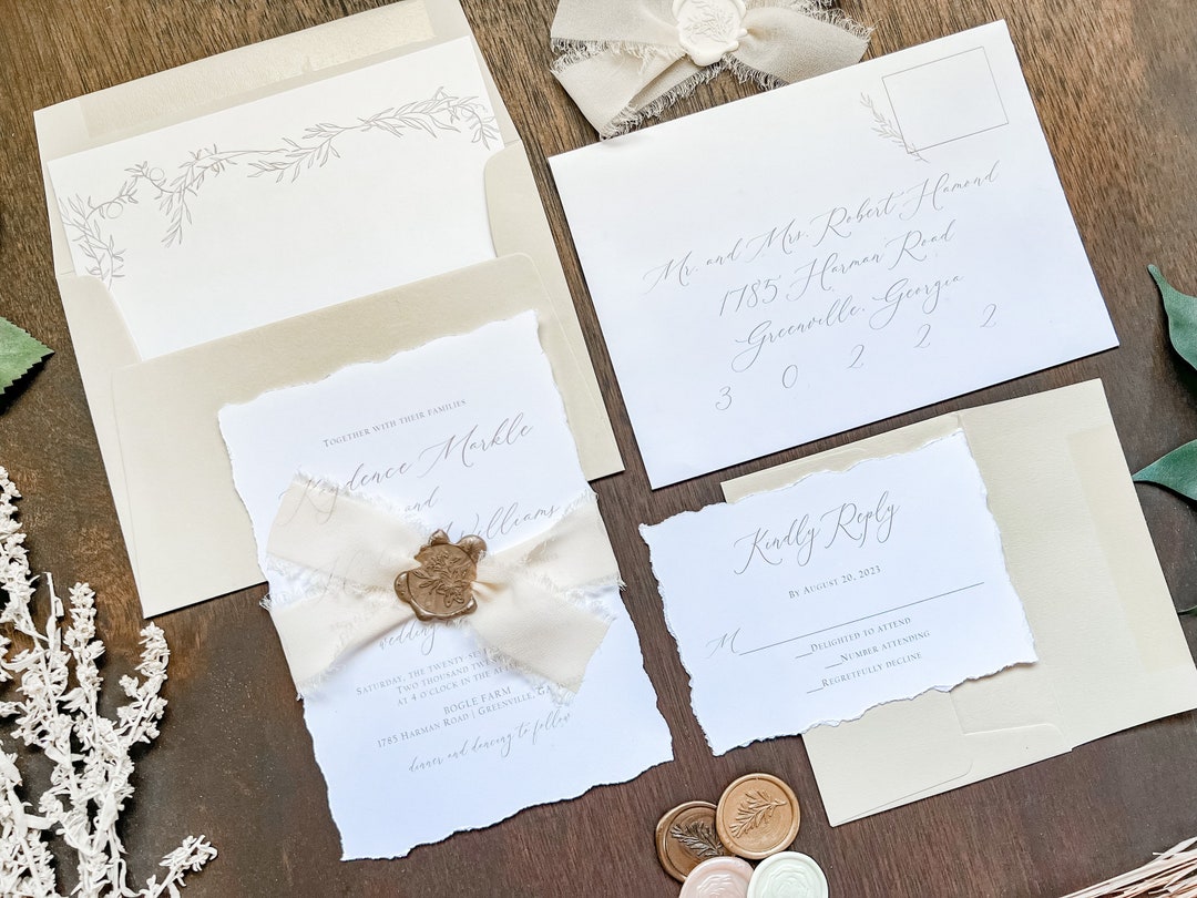 Vintage Elegant Wedding Invitation Set W/ Deckled Edge, Wax Seal ...