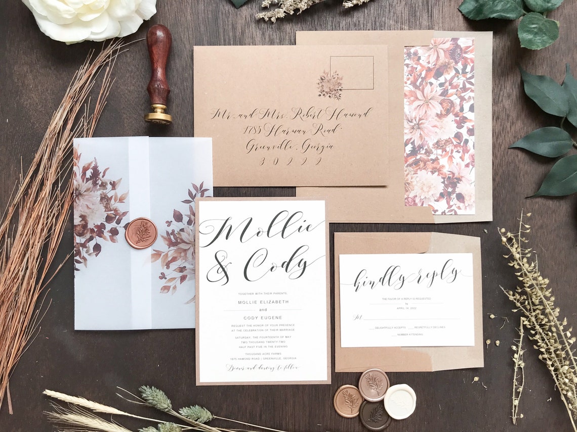 Rustic Boho Wedding Invitation Set W/ Vellum and Copper Wax | Etsy