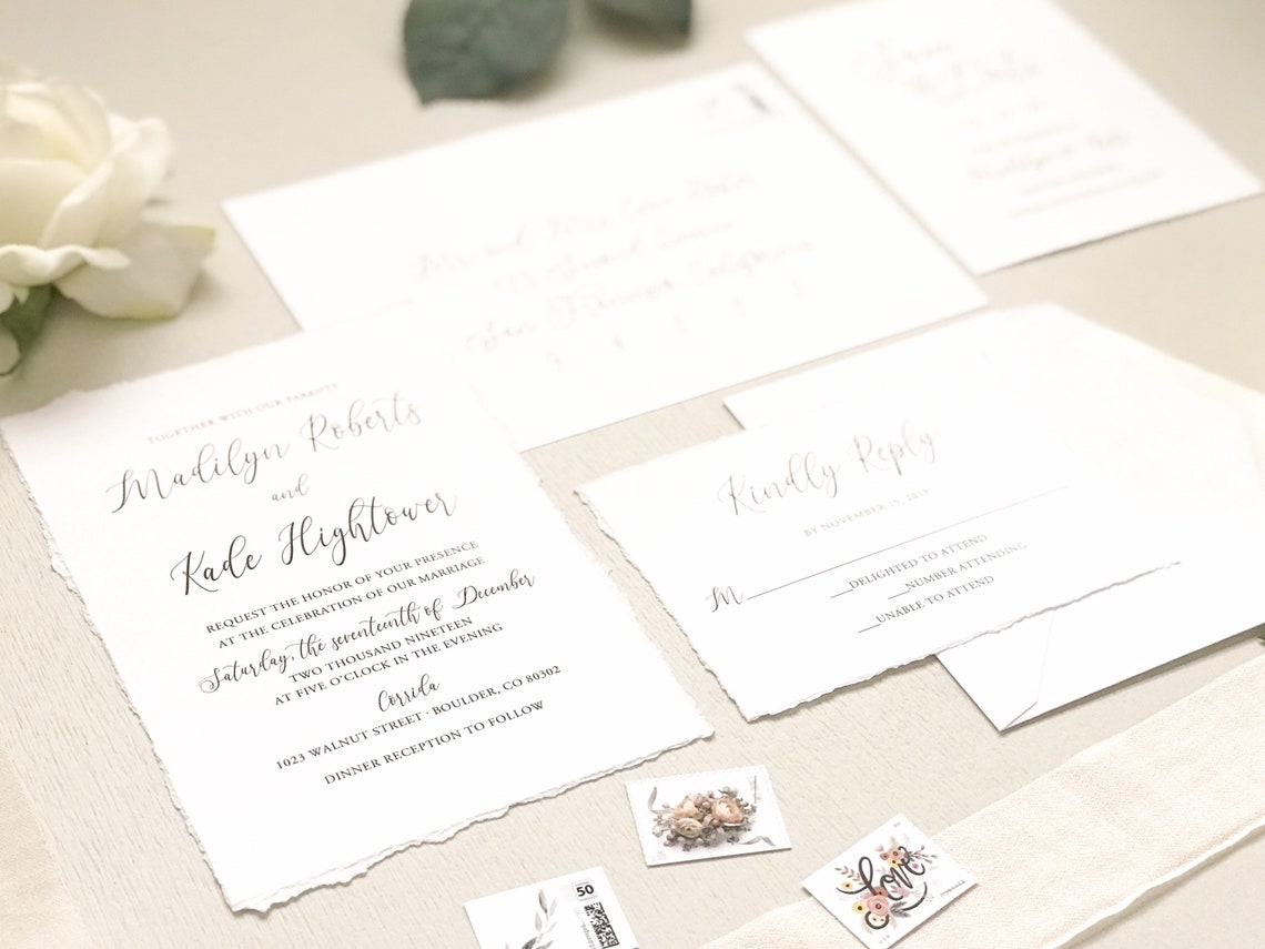 Deckled Edge Wedding Invitation Set Printed Hand Torn Invite | Etsy