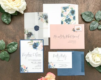 Vellum Wedding Invitation Set Wax Seal Navy Blue Floral - Etsy