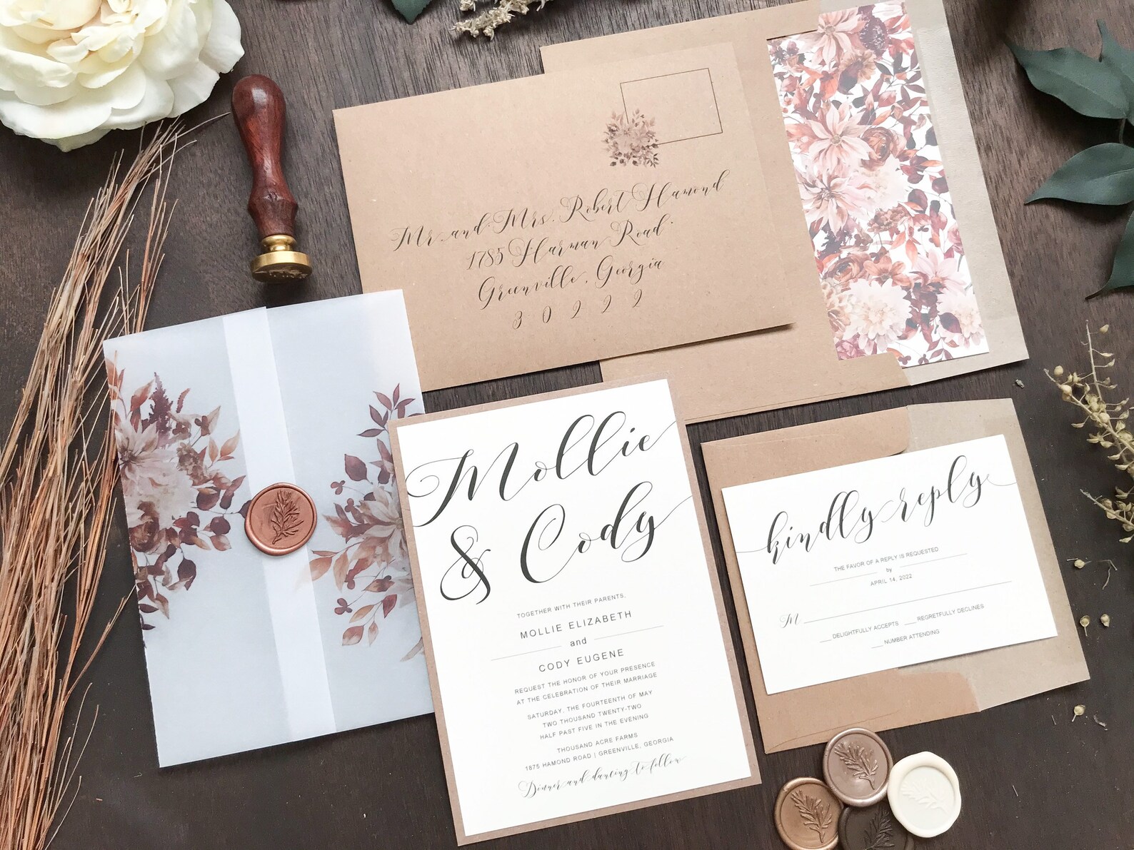 Rustic Boho Wedding Invitation Set W/ Vellum and Copper Wax | Etsy