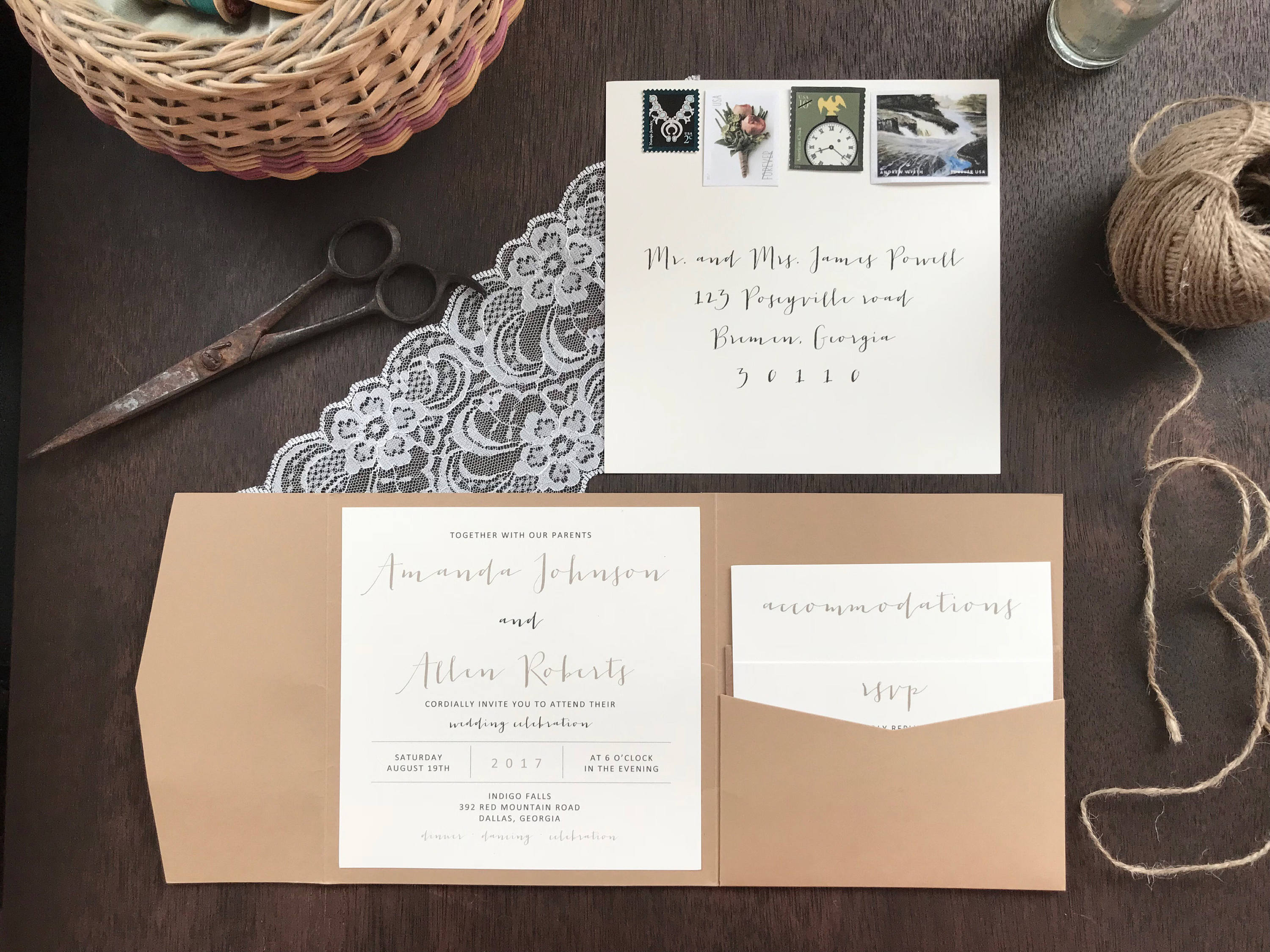 Pocket Wedding Invitation Set Rustic Wedding Invitation Lace | Etsy