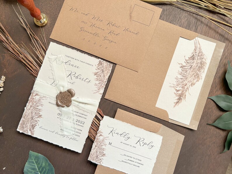 Boho Pampas Grass Wedding Invitation Set W/ Deckled Edge Wax - Etsy