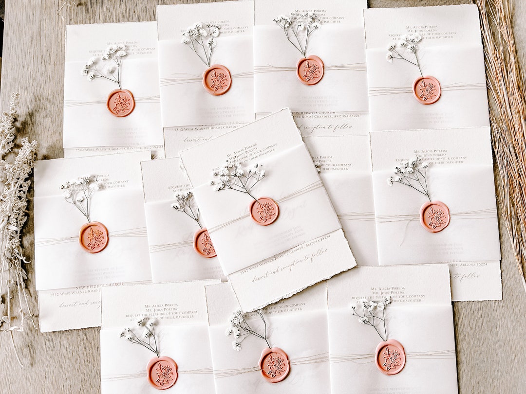 Elegant Wedding Invitation Set W/ Babys Breath, Ivory Deckled Edge ...