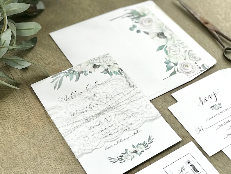 Modern White Floral Wedding Invitation Set With Lace Elegant - Etsy