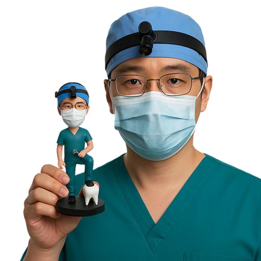 Custom Bobblehead Dentist Stepping on a Big Dental Mold Wearing Scrubs ...