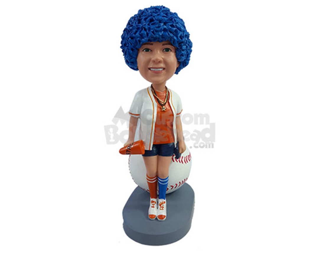 Custom Bobblehead Huge Baseball Fan Sitting on a Big Baseball ...