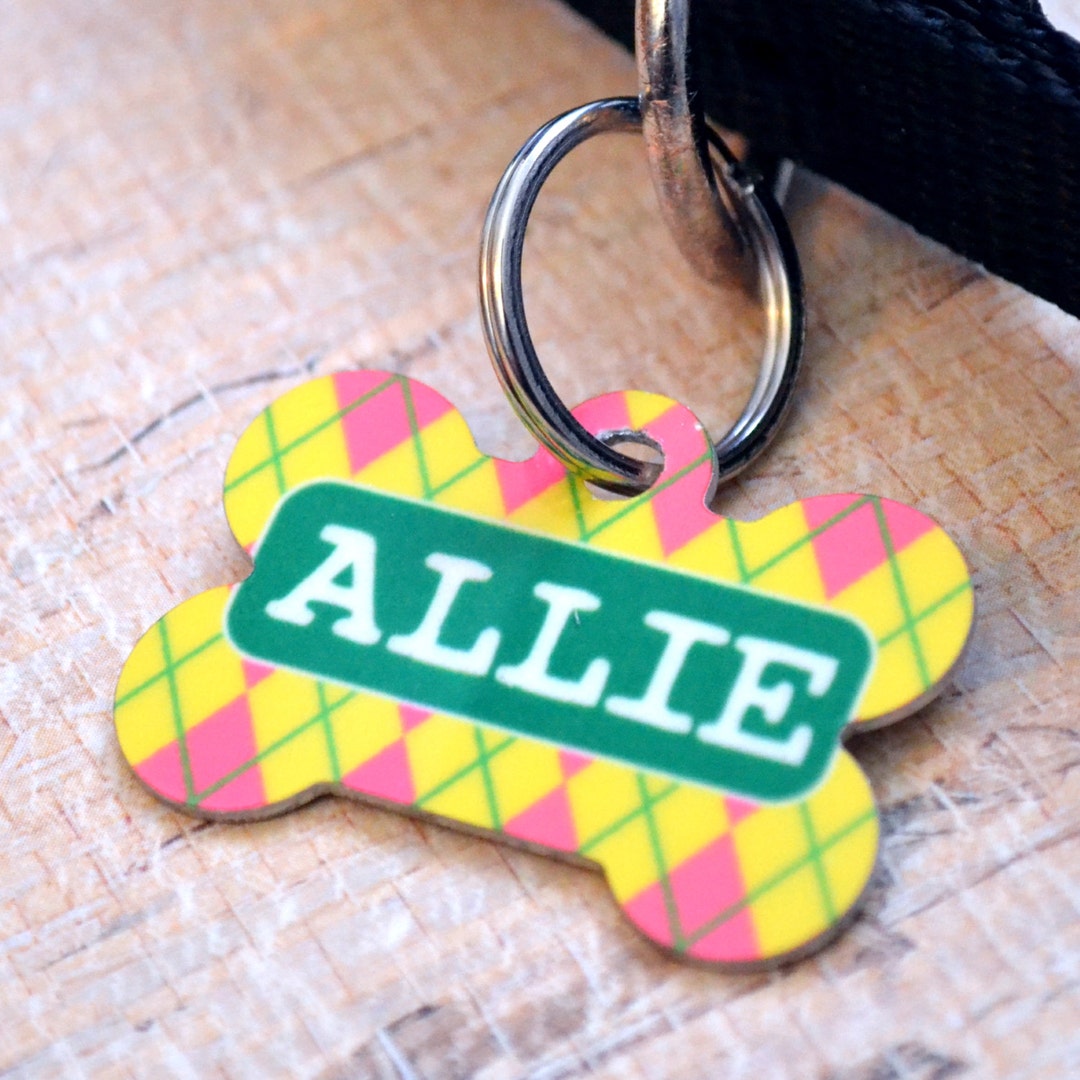 Personalized Yellow and Pink Argyle Pet ID Tag CUSTOM Dog Tag, Leash ...