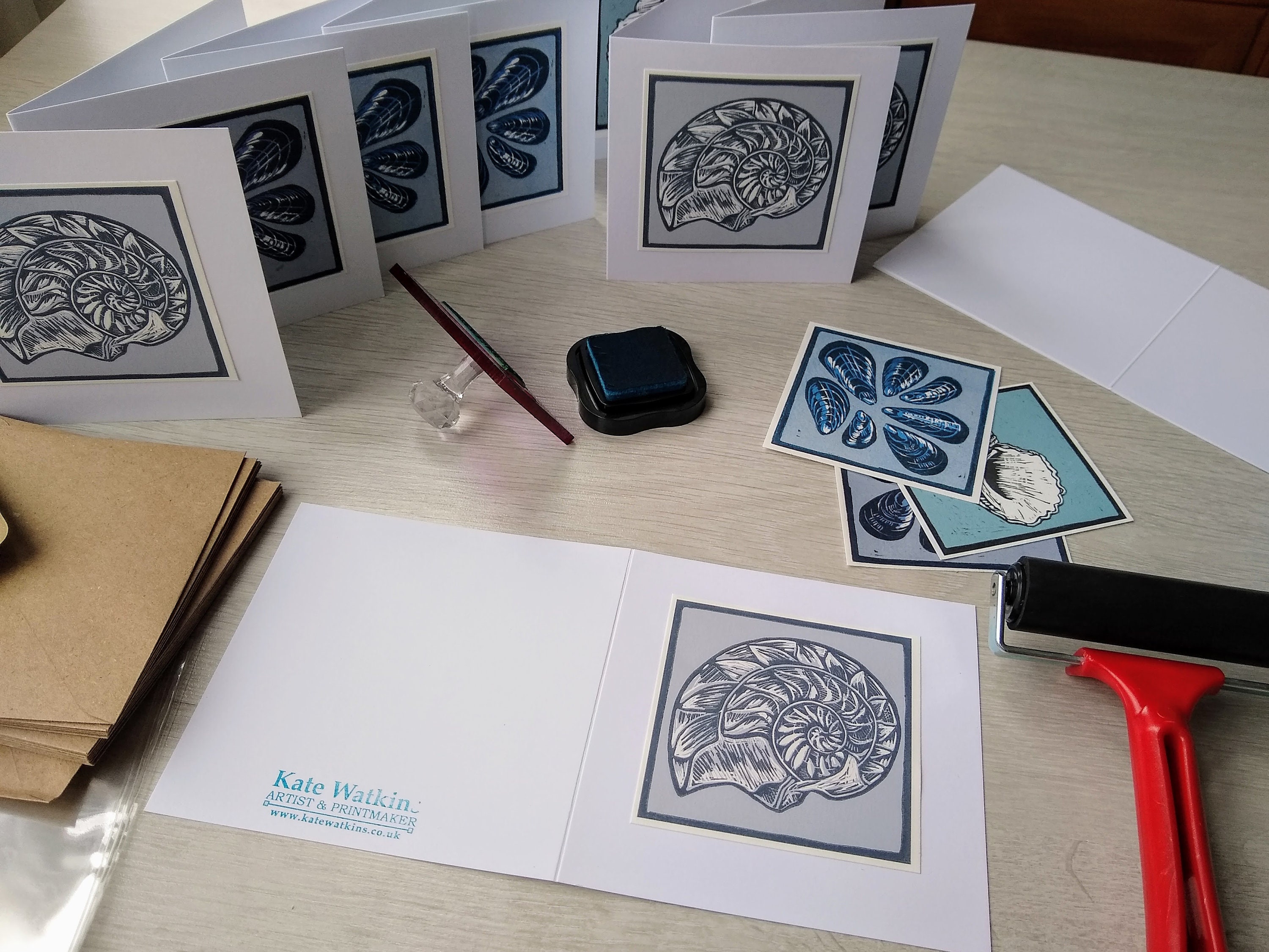 Shell Lino Print Set of 4 Handmade Greeting Cards Recycled | Etsy