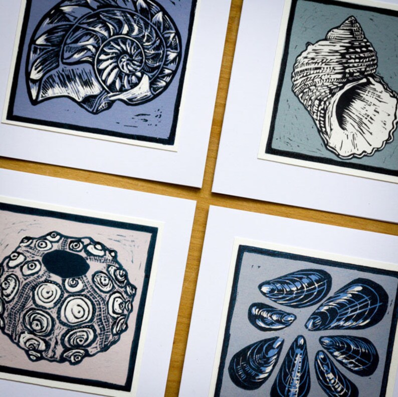 Shell Lino Print Card: Beach Coastal Design, Recycled Card - Etsy