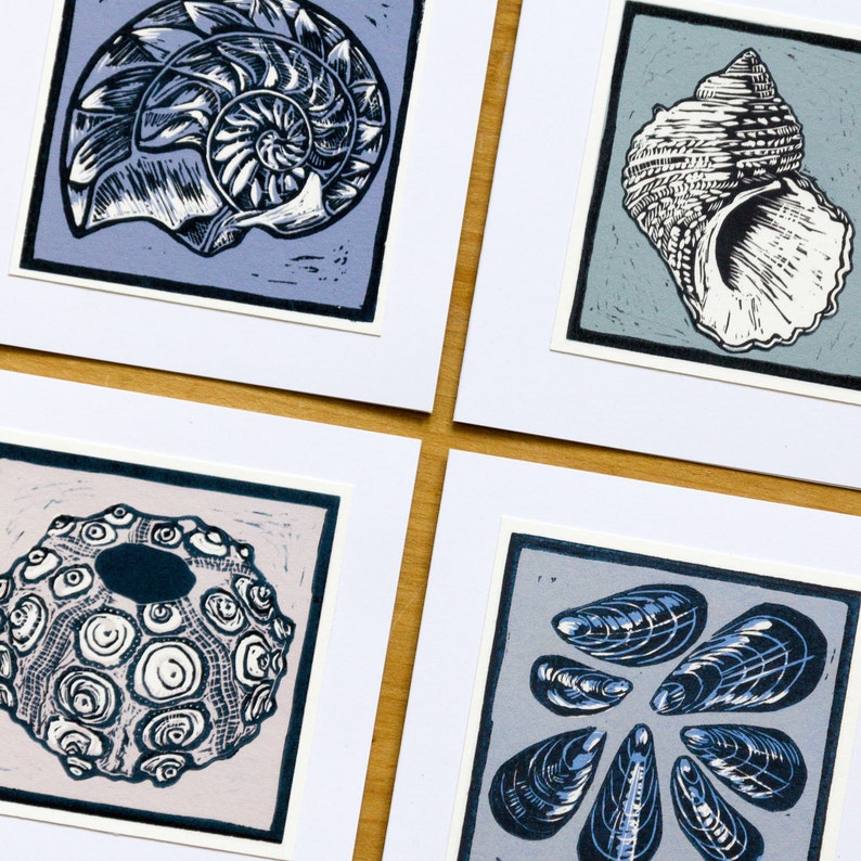 Shell lino print set of 4 handmade Greeting Cards recycled | Etsy