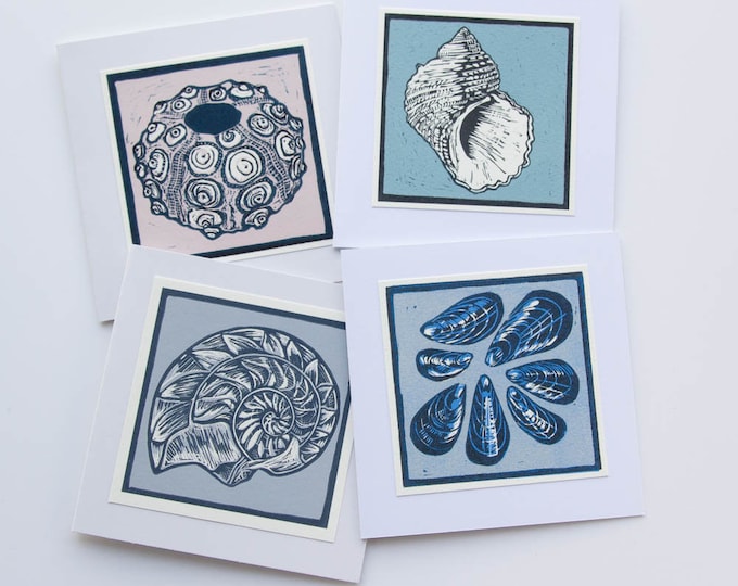 Shell Lino Print Set of 4 Handmade Greeting Cards Recycled - Etsy