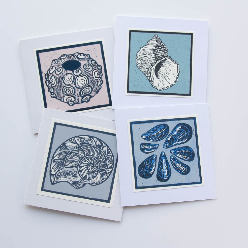 Shell Lino Print Set of 4 Handmade Greeting Cards Recycled | Etsy