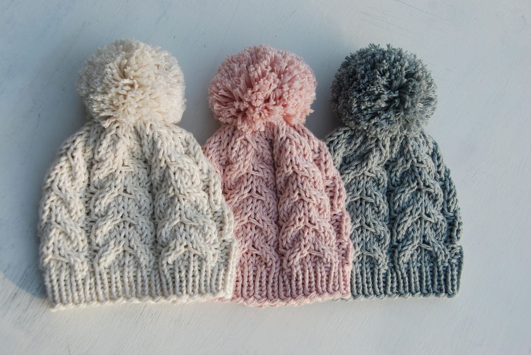Cable Hat With Pom Pom, Baby Boy Girl Knit Hat, Hand Knitted Winter ...