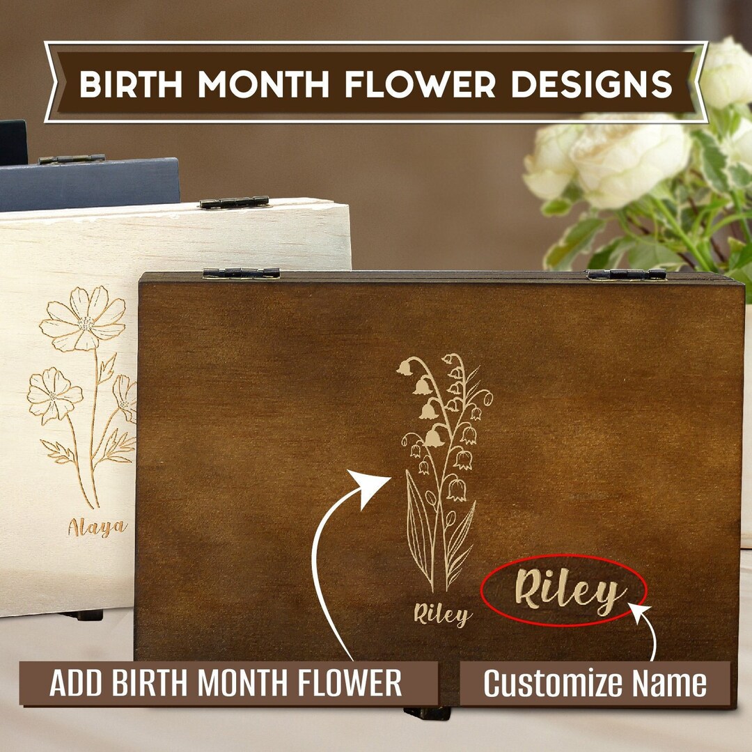 Personalized Birth Flower Memory Box, Rustic Wood Keepsake Storage for ...