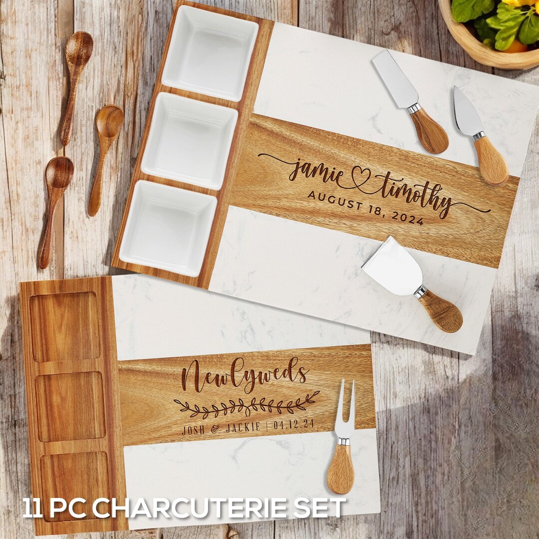 Personalized Marble Serving Board, Elegant Charcuterie Plank With Bowls ...
